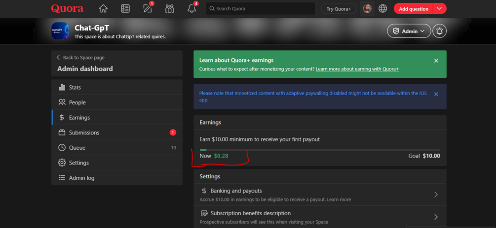 Quora Space with active Monetization and 220+ Follower
