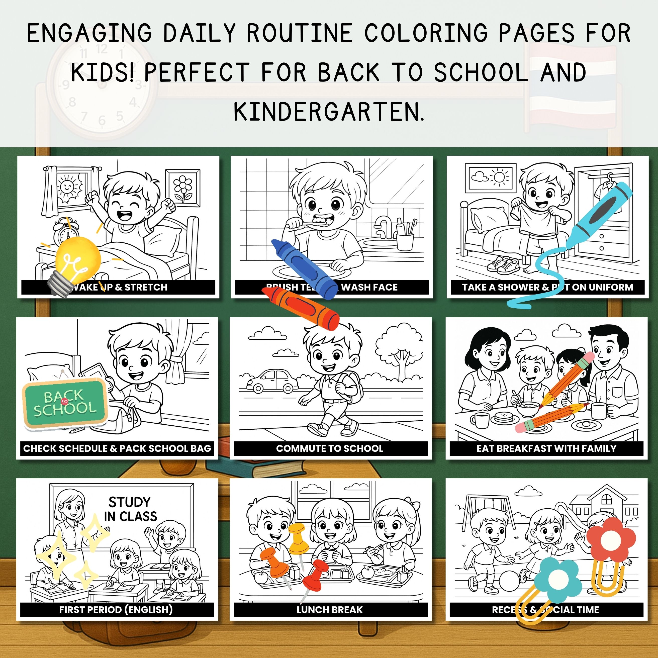 Student’s Daily Routine Coloring Pages for kids, School Routine, Back ...