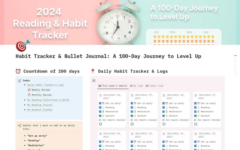 100 day hard challenge notion template