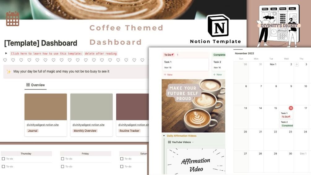 Coffee Themed Dashboard with Weekly Layout + Daily to-do list