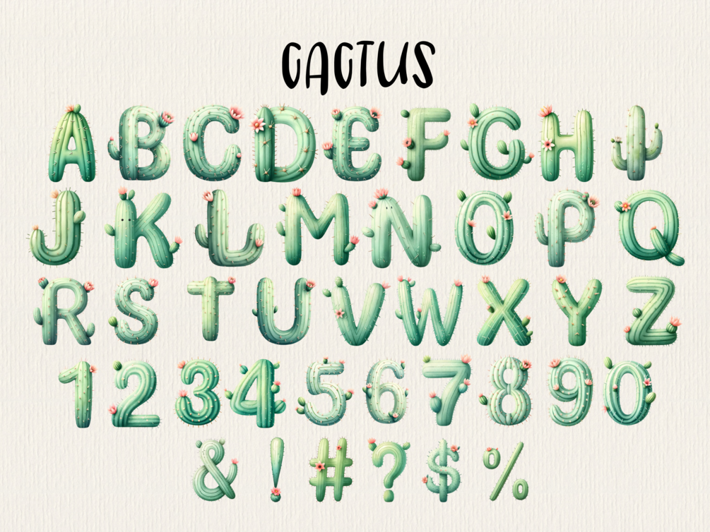 Cactus Watercolor alphabet clipart