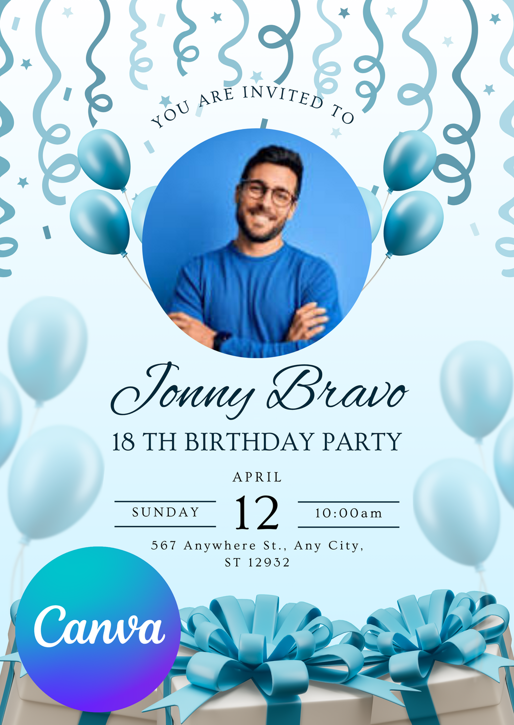 Birthday Invitation Template – Blue Balloon Theme Canva Template