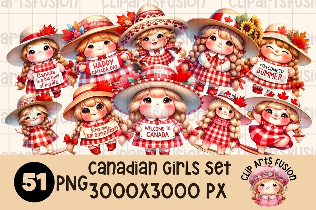 Canadian Girls Clipart Watercolor Bundle | Happy Girls With Plaid Dress ...
