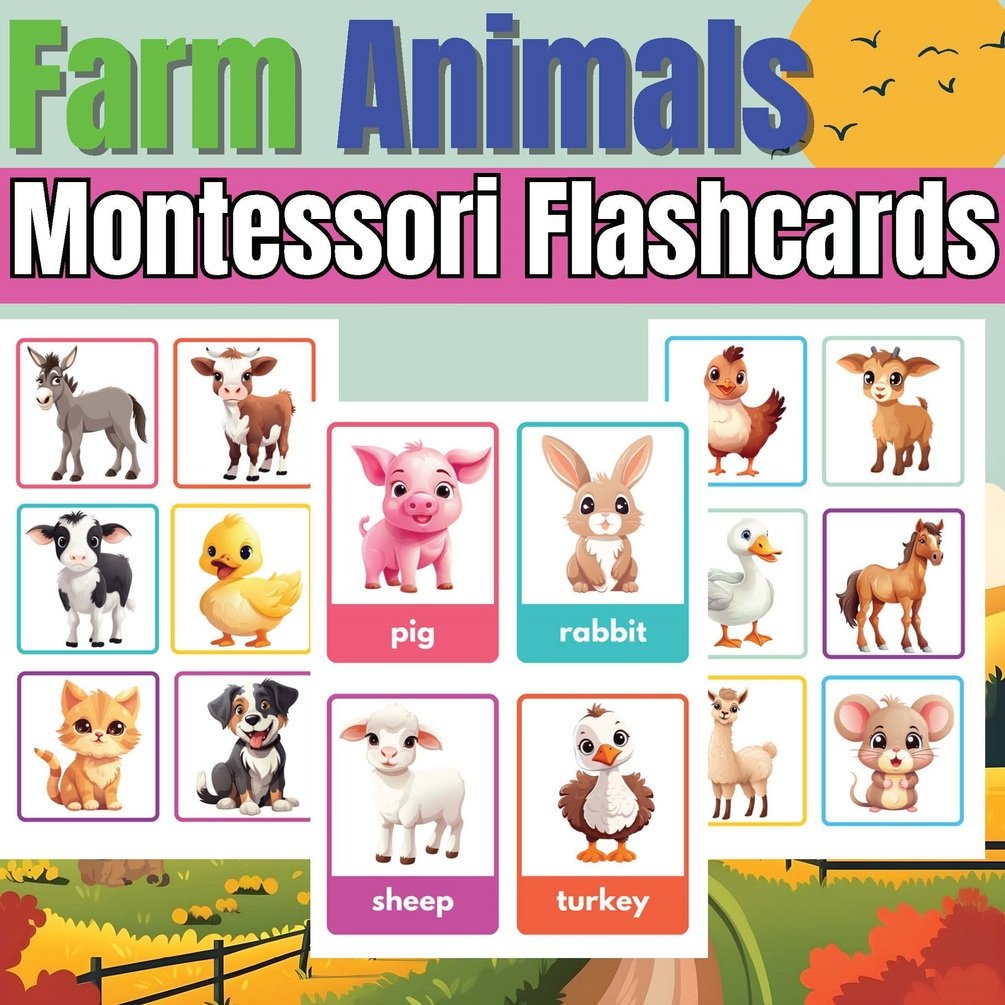 Farm Animals Flash Cards - 16 Flashcards, Homeschool, Montessori Materials