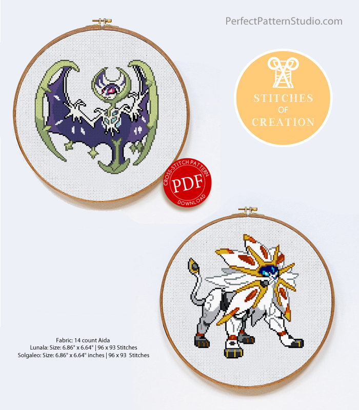Solgaleo and Lunala Digital Download Cross Stitch Pattern PDF