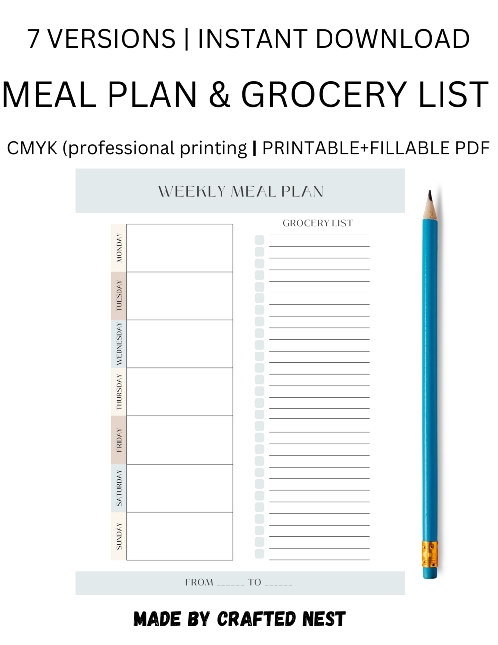 Weekly Meal Planner with Grocery List Printable Template, 7 Day Menu ...