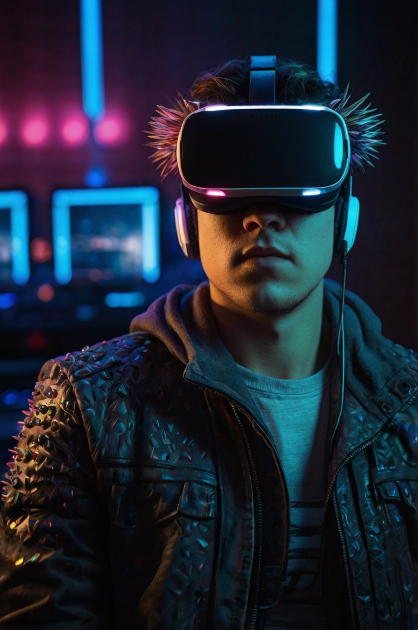 Futuristic Gamer Using VR Headset – Cyberpunk Image