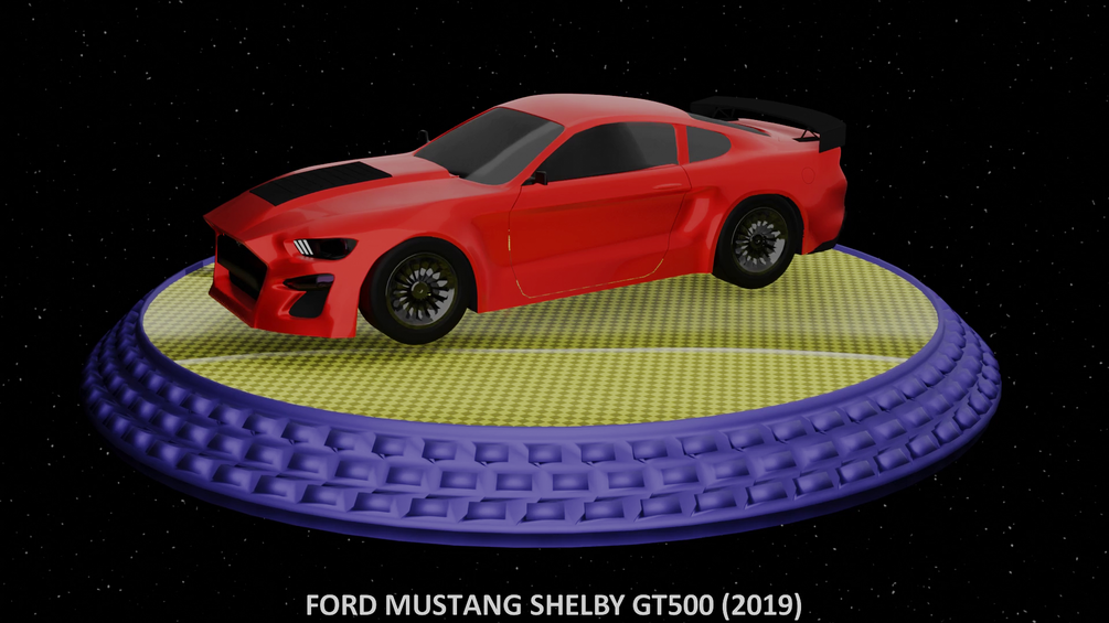 Conjunto de render y modelo 3D del Ford Mustang Shelby, diseño propio.