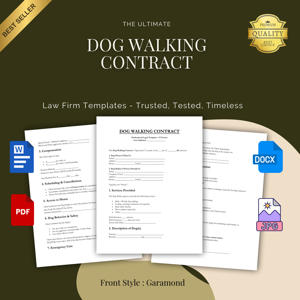 Dog Walking Contract | Front Style: Garamond (PDF + DOCX + Word + PNG ...