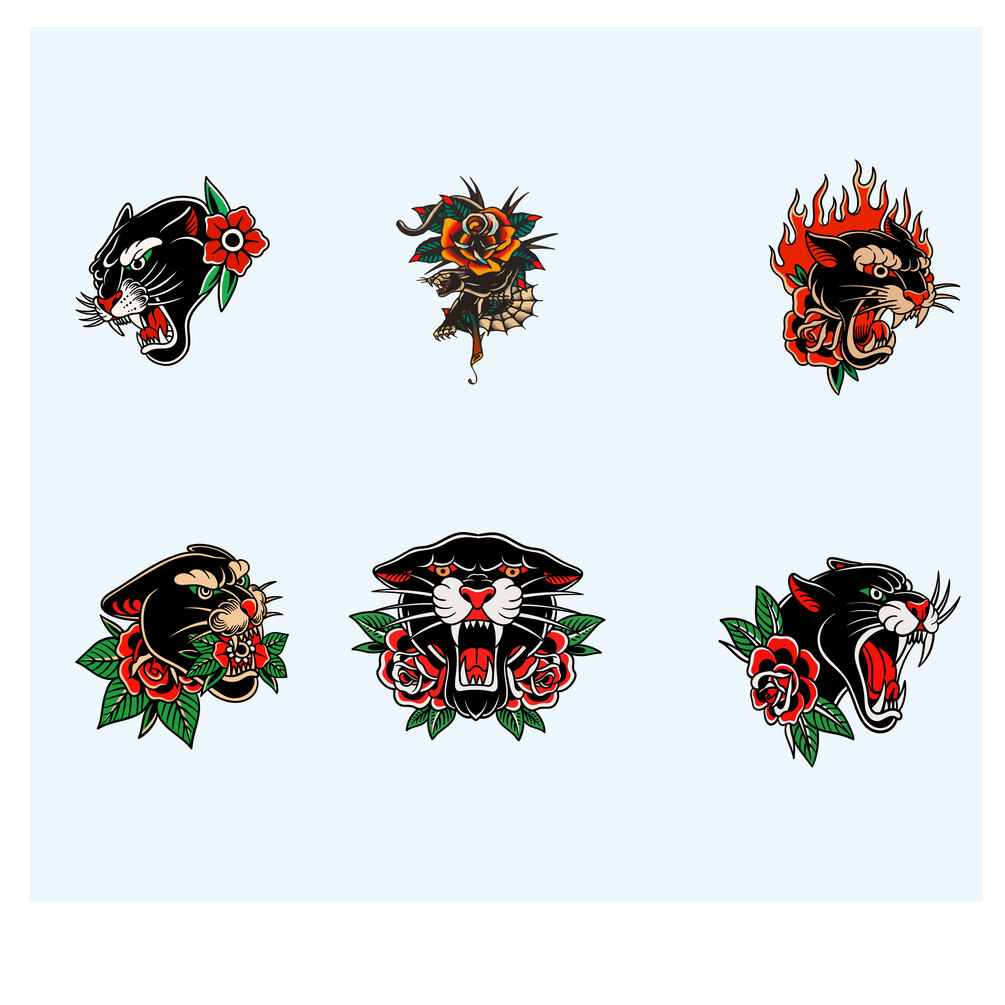 Traditional-Tattoo-Panther-and-Rose-Flash-Art-Set