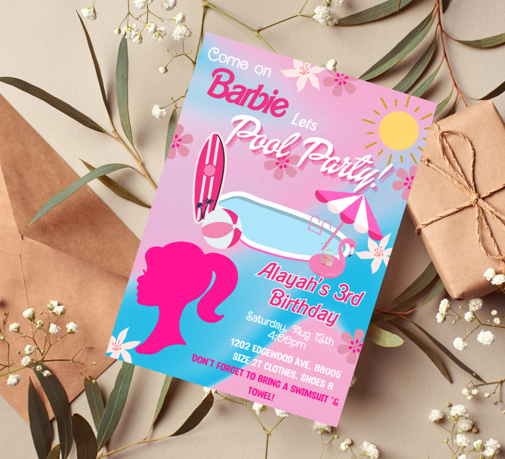 Barbie Pool Birthday Invitation | Glamorous & Fun Customizable Summer ...
