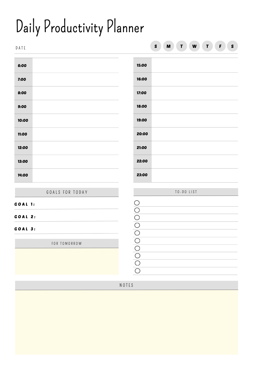 Simple Daily Productivity Planner – Printable PDF - Horizontal