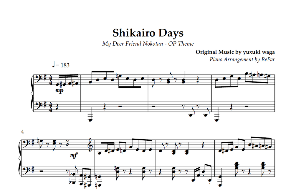 Shikairo Days - My Deer Friend Nokotan OP Theme (Piano Sheet)