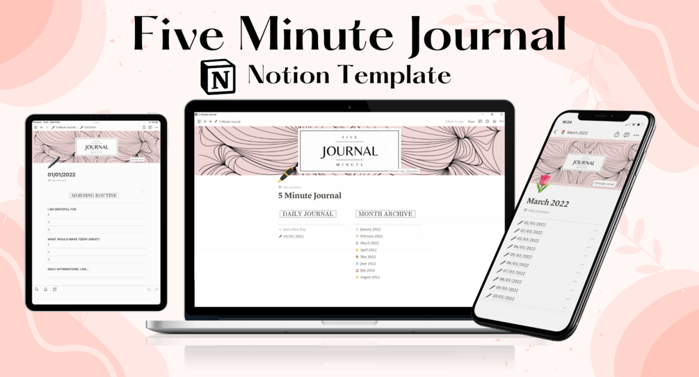 Notion Five Minute Daily Journal Gratitude 5 Minute Aesthetic Planner
