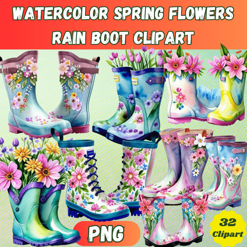 Watercolor Spring Flowers Rain Boot Clipart
