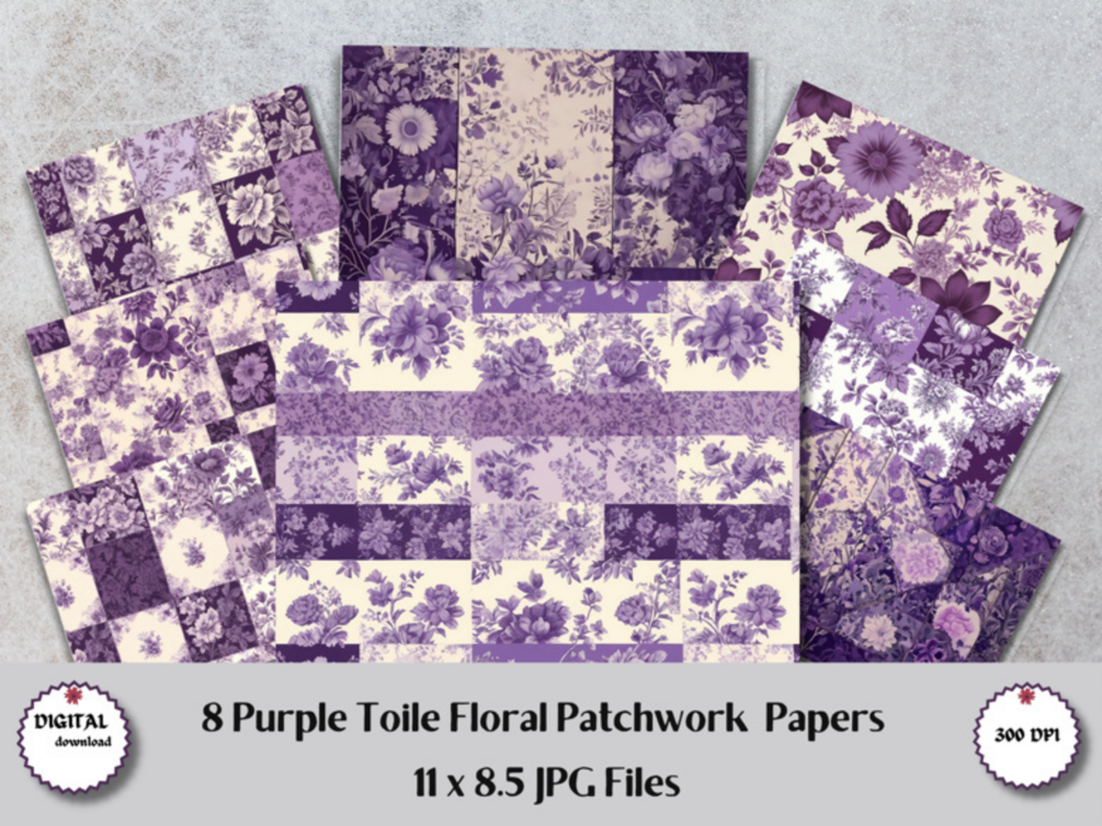 8 Purple Toile Floral Patchwork Journal Papers | High-Resolution Files ...