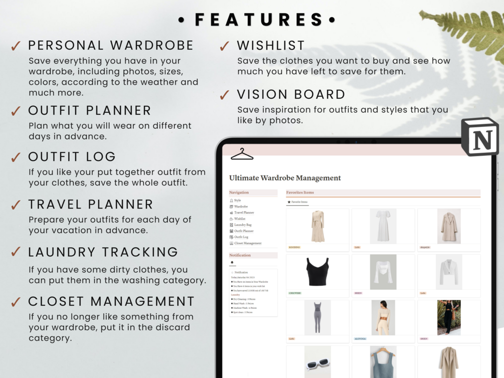 Notion Template Wardrobe Manager & Outfit Planner: Aesthetic Notion ...