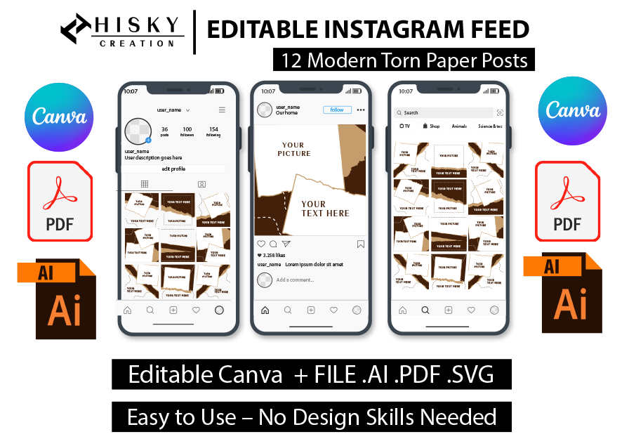 12 Modern Torn Paper Instagram Templates – Canva + AI + PDF