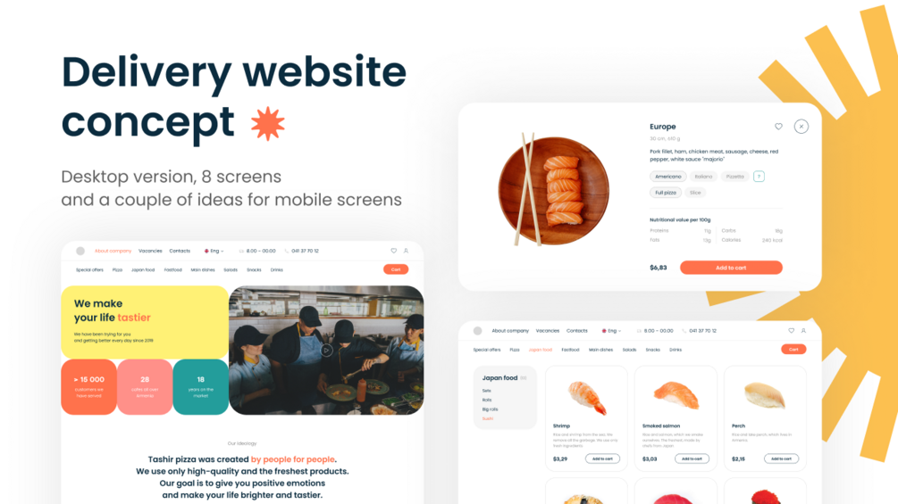 Food delivery website design, desktop and mobile versions