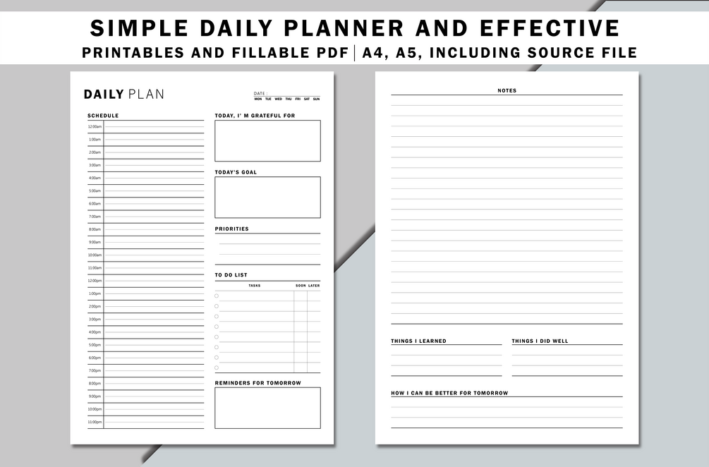 Minimalist Daily Planner | Gratitude, Goals, Hourly Schedule & Reflection