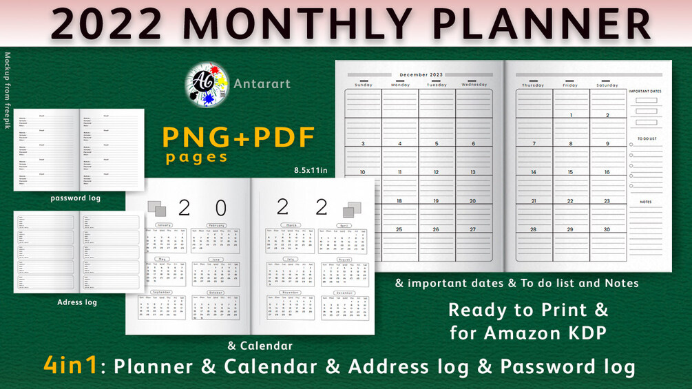 2022 monthly planner & calendar printable & amazon kdp template