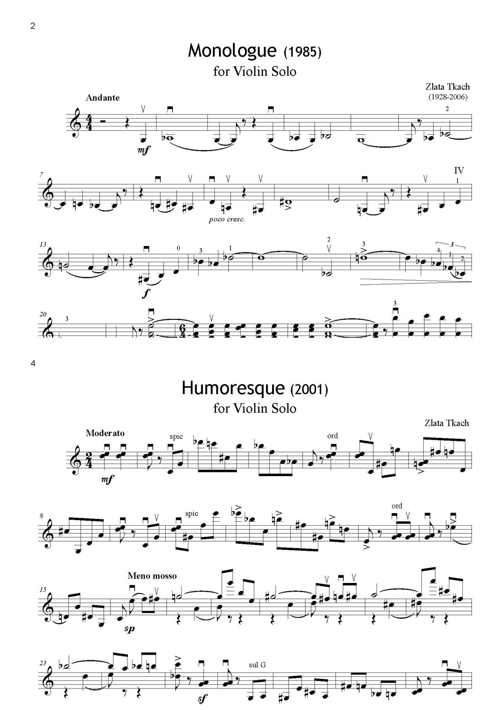 Zlata Tkach: Monologue (1985) and Humoresque (2001) for Violin Solo - PDF