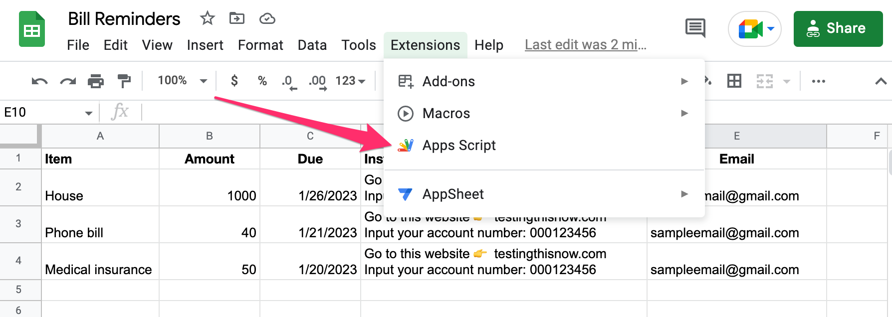 Google Sheet that Sends a Reminder of Bill Payments