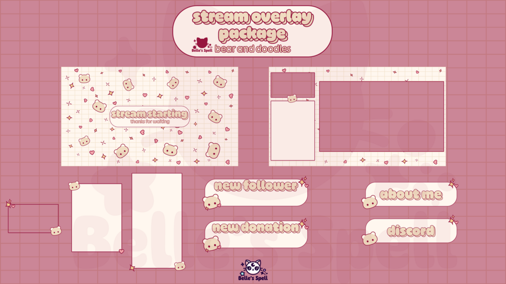 stream overlay package | bear and doodles | cute | pastel