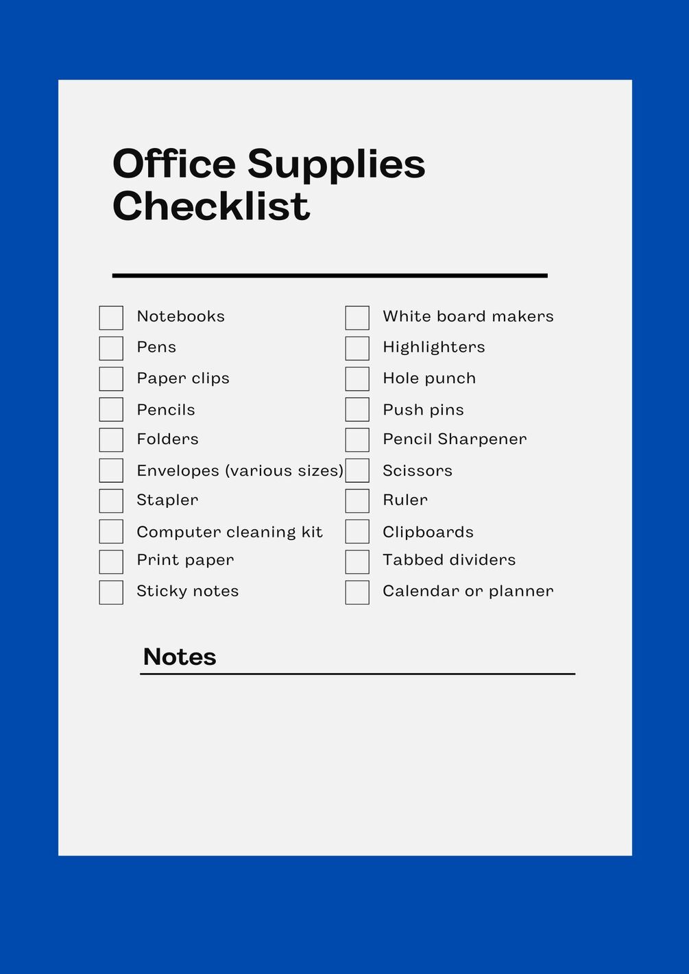 Office Stationary Checklist