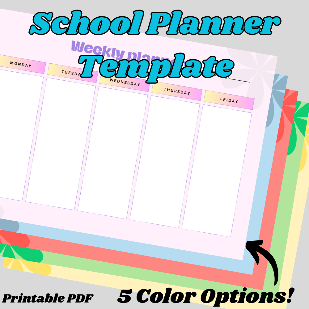 School Weekday Planner - PDF Printable Template - 5 colours included!
