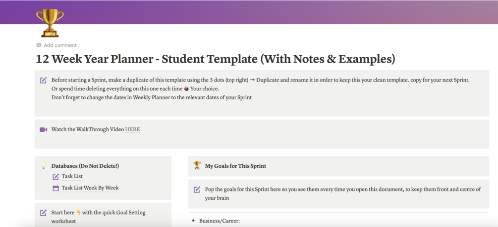12 Week Sprint Goal Setting Worksheet & Notion Template