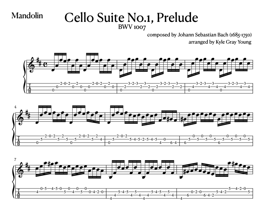 J.S. Bach - Cello Suite No.1 Prelude (mandolin tablature)