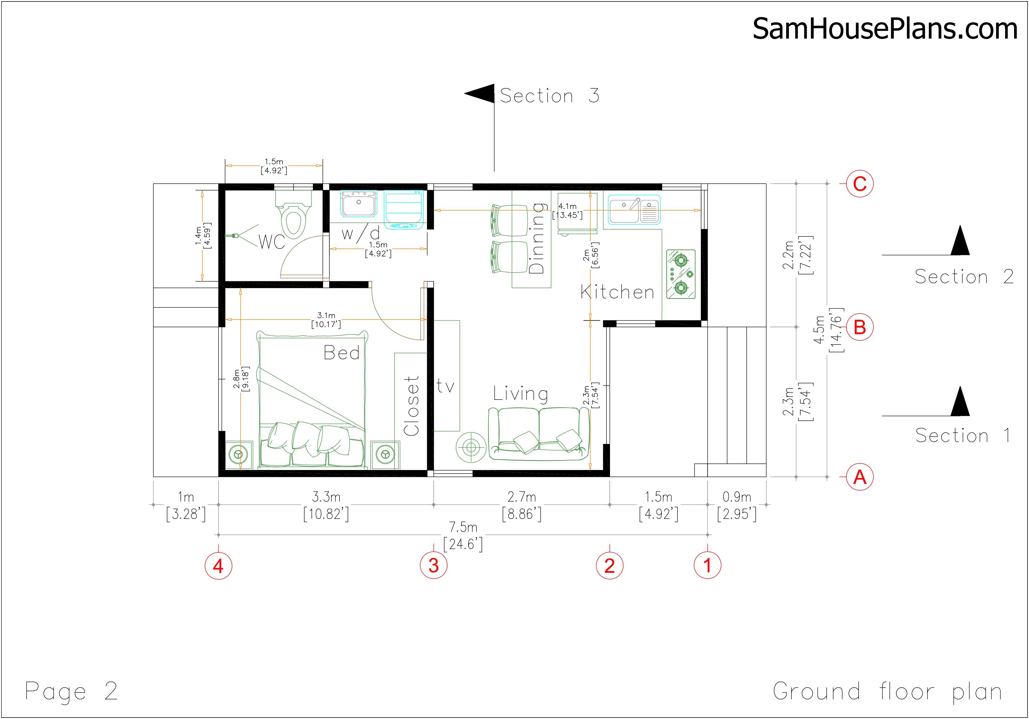 Small Family Home 15x25 Ft with One Bed 4.5x7.5 M Hip roof