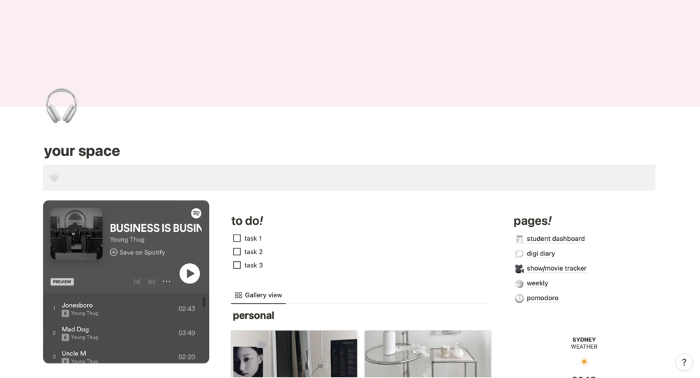 simple, minimalist, pink notion template