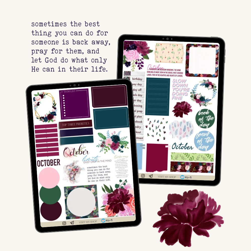 Dark October Flowers stickers, GoodNotes & PNG