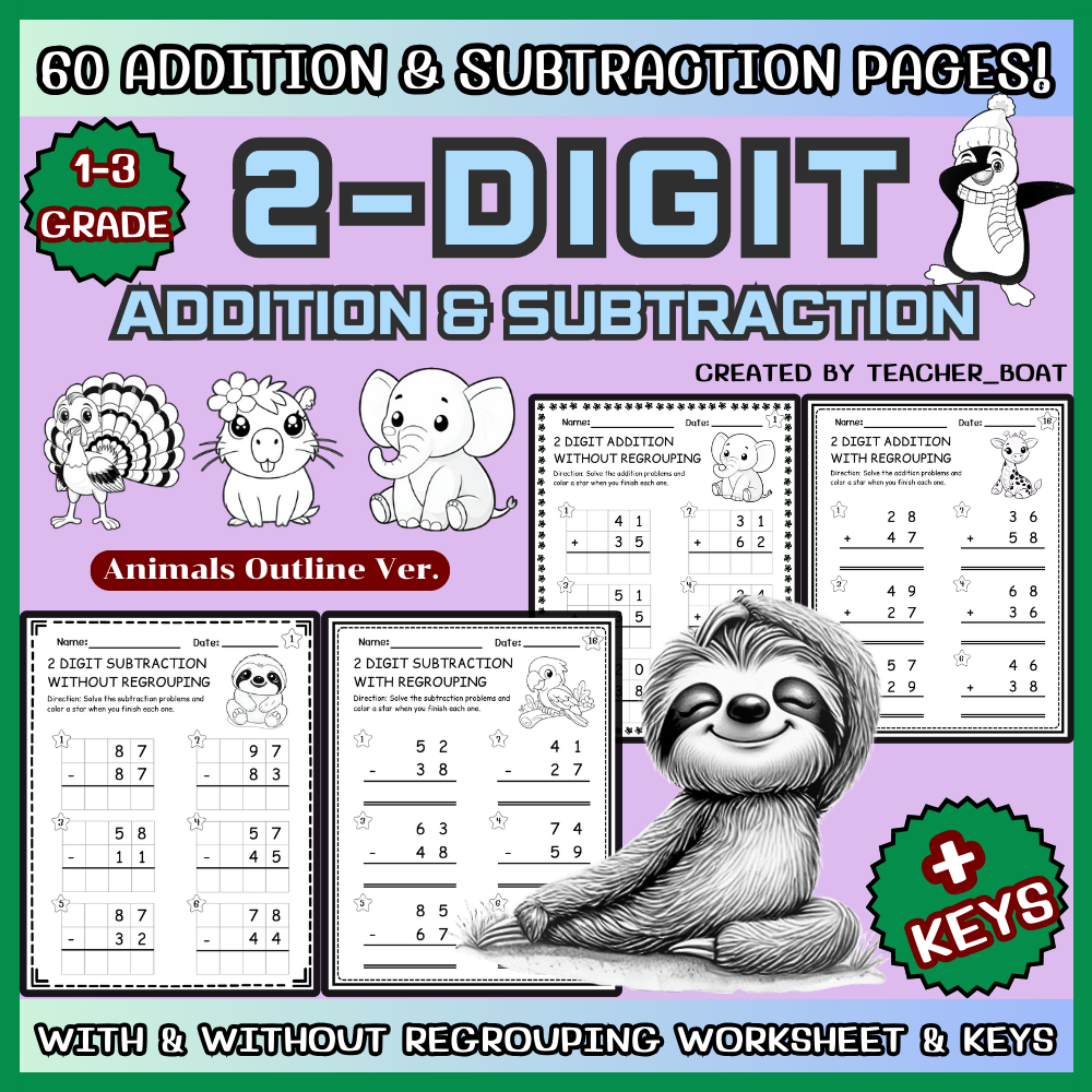 2-Digit Addition & Subtraction with and without Regrouping | Animals ...