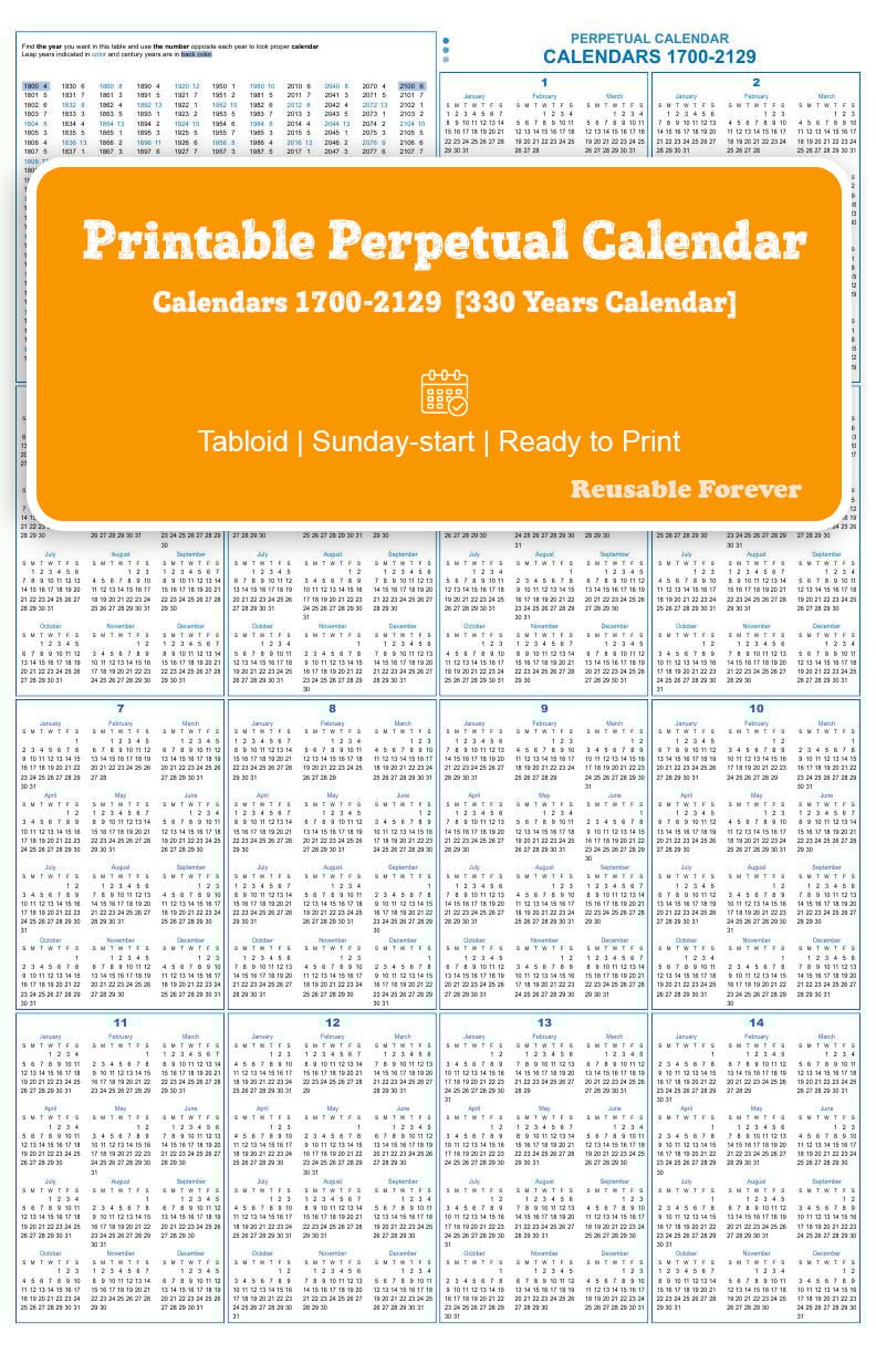 Printable Perpetual Calendar | Tabloid | Sunday-start | Style 3 | Blue