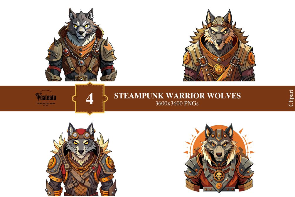 Steampunk Warrior Wolves Clipart Collection - 3600x3600 Detailed Fantasy Canine Warriors for ...
