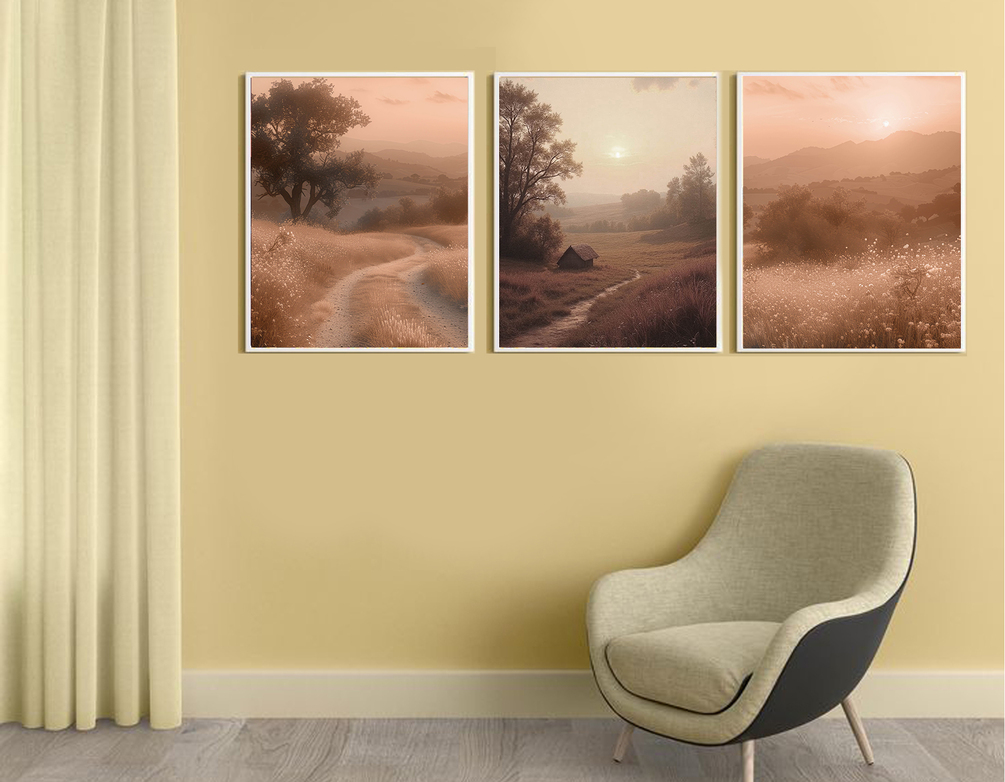 Rustic Landscape Print – Vintage Countryside Scene in Warm Earth Tones ...