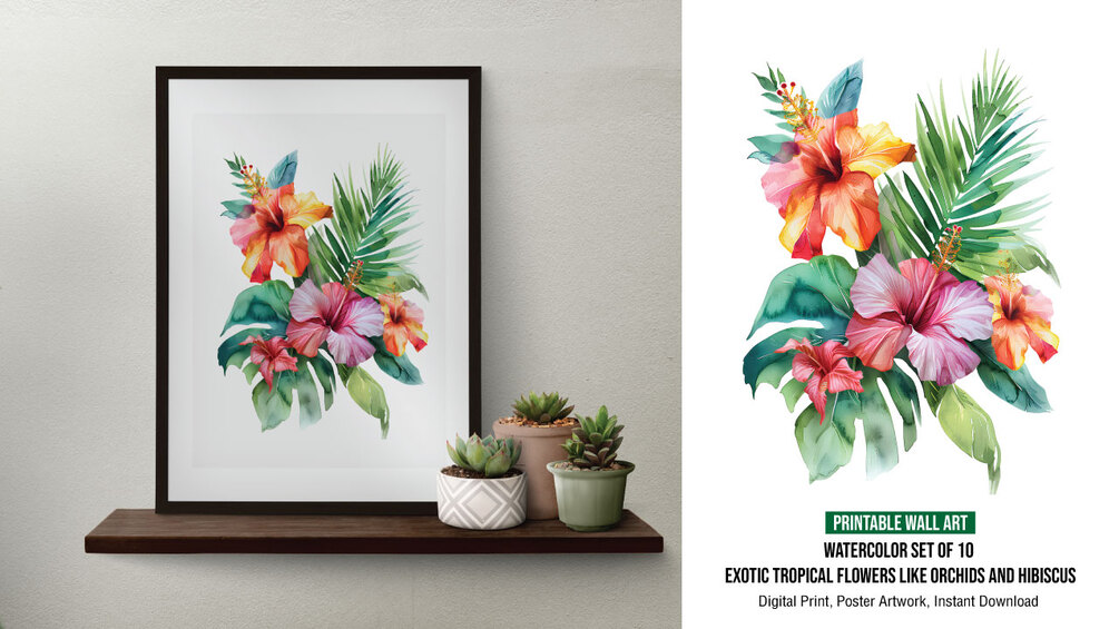 Printable Wall Art Watercolor Set Of 10 Exotic Tropical Flowers Like