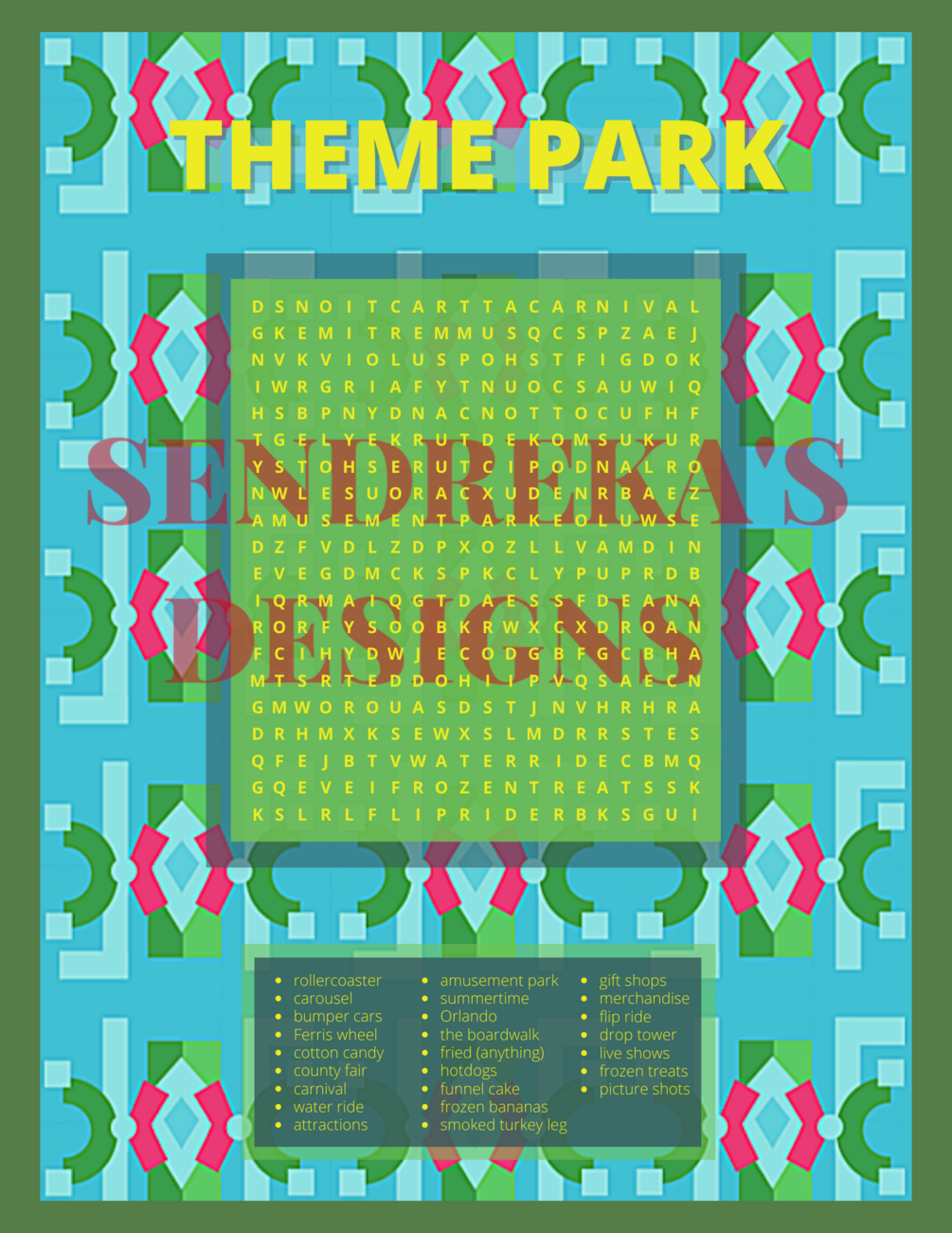 PDF Word Search Puzzle with Theme Park Theme