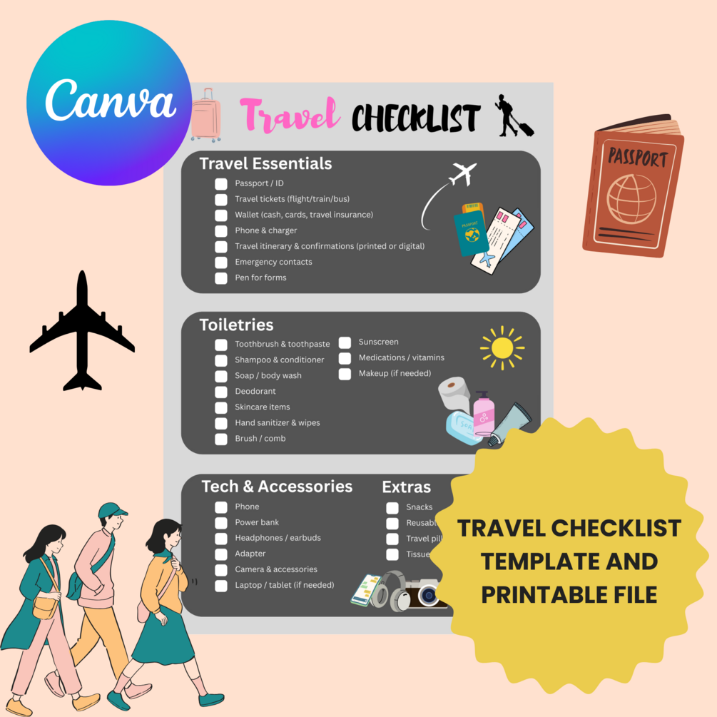 Travel Checklist Template with Printable files(Ready to print)(Canva ...