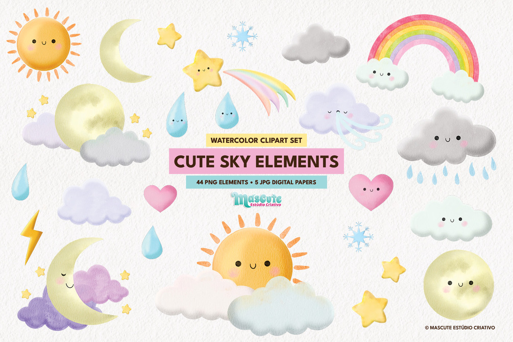 watercolor cute sky elements, nursery png, cute designs for Baby Shower ...