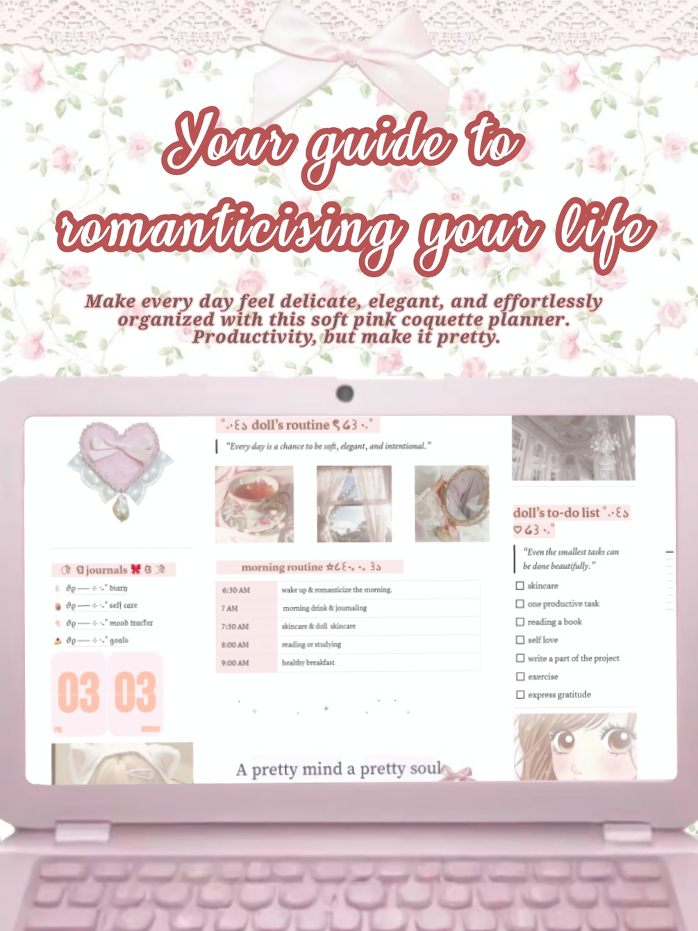 Aesthetic Coquette / Dollette Pink Daily Planner Template for ...