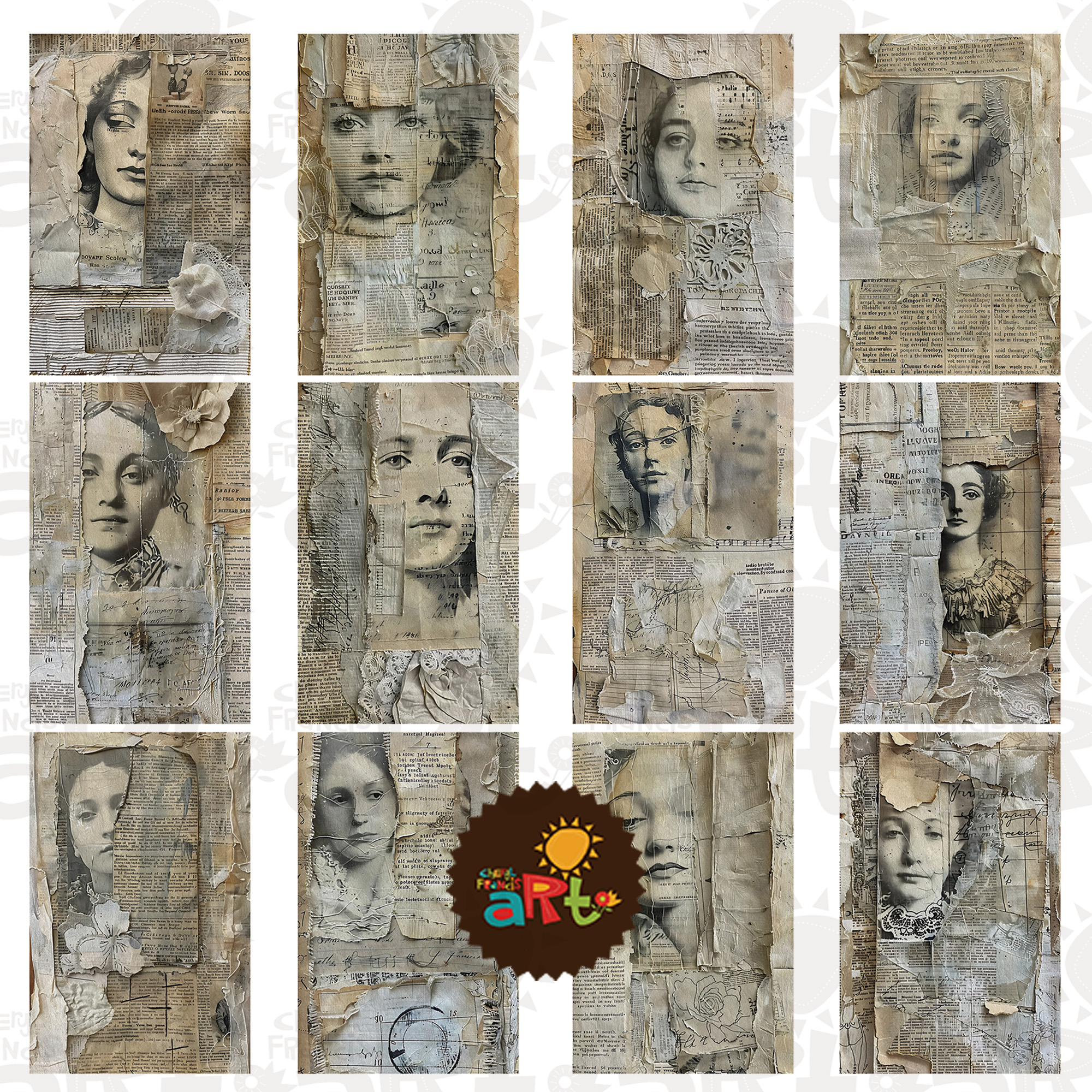 12 pc Printed Page Ephemera Collage with Portrait Printable Junk ...