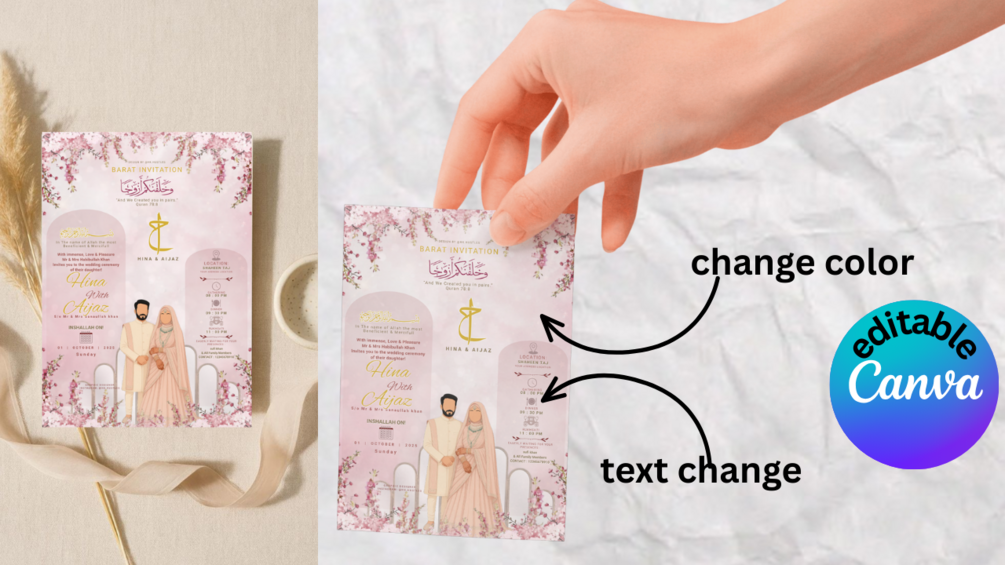 Editable Dusty Pink Wedding Invitation | Islamic Nikah & Barat Canva ...