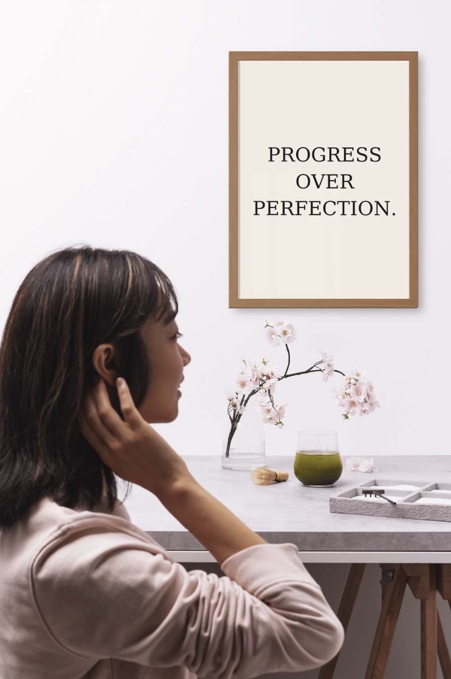 Minimalist Wall Art – “Progress Over Perfection” Motivational Print