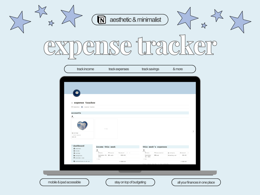 Expense Tracker | Notion Template | Light Blue Aesthetic