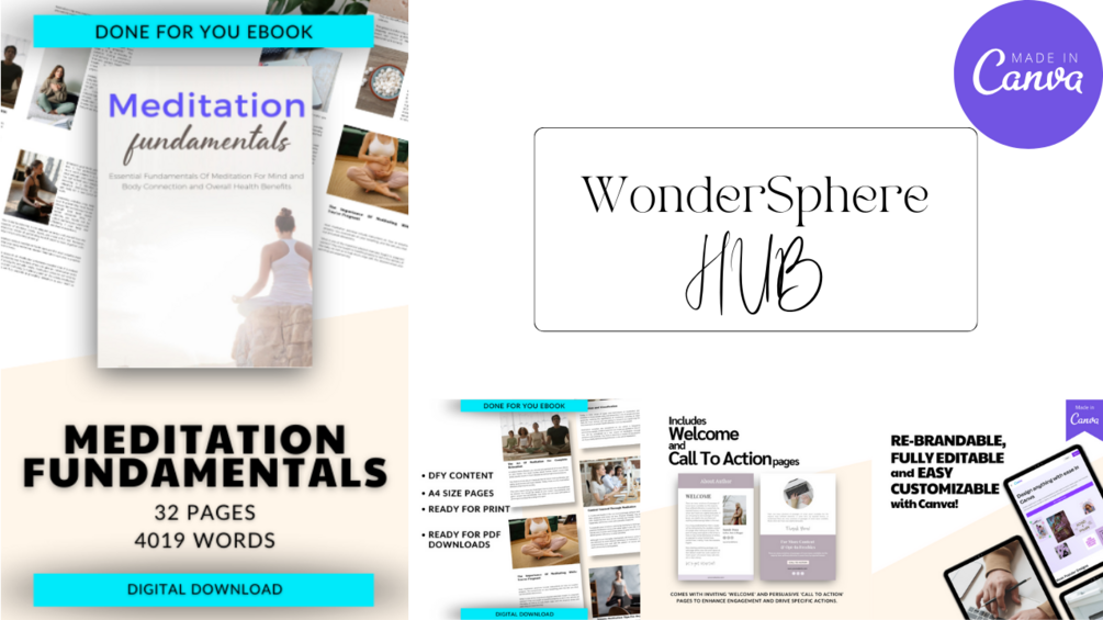 Meditation Fundamentals, Done for You, PLR eBook, Editable Canva Templates