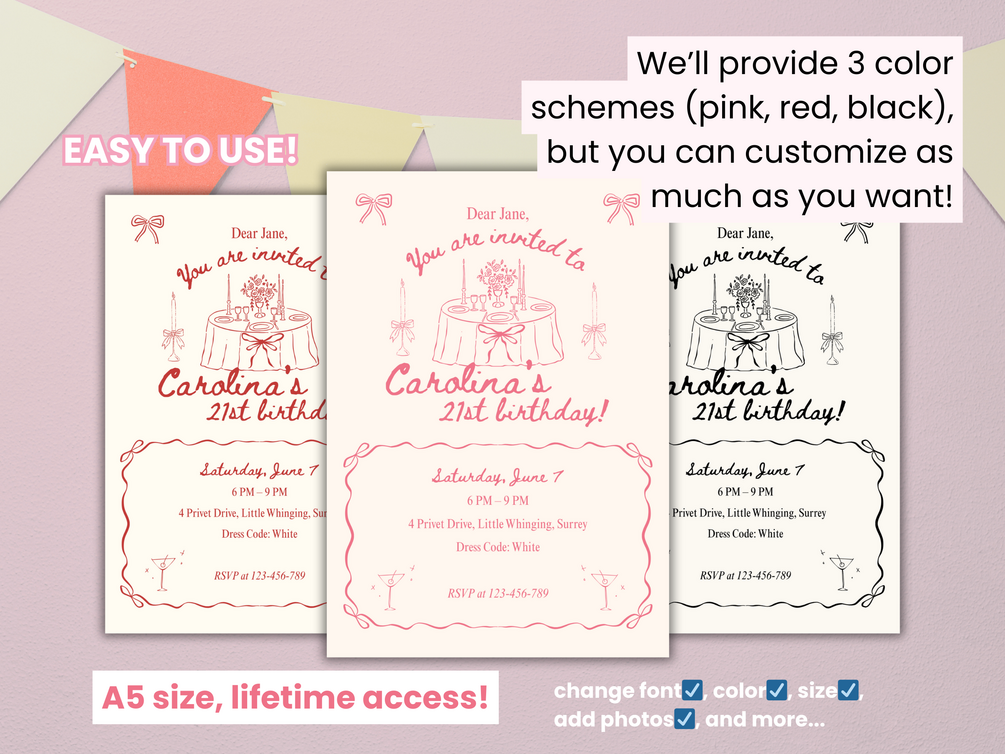 Editable Coquette Birthday Invitation Canva Template ᯓ★ Hand Drawn ...